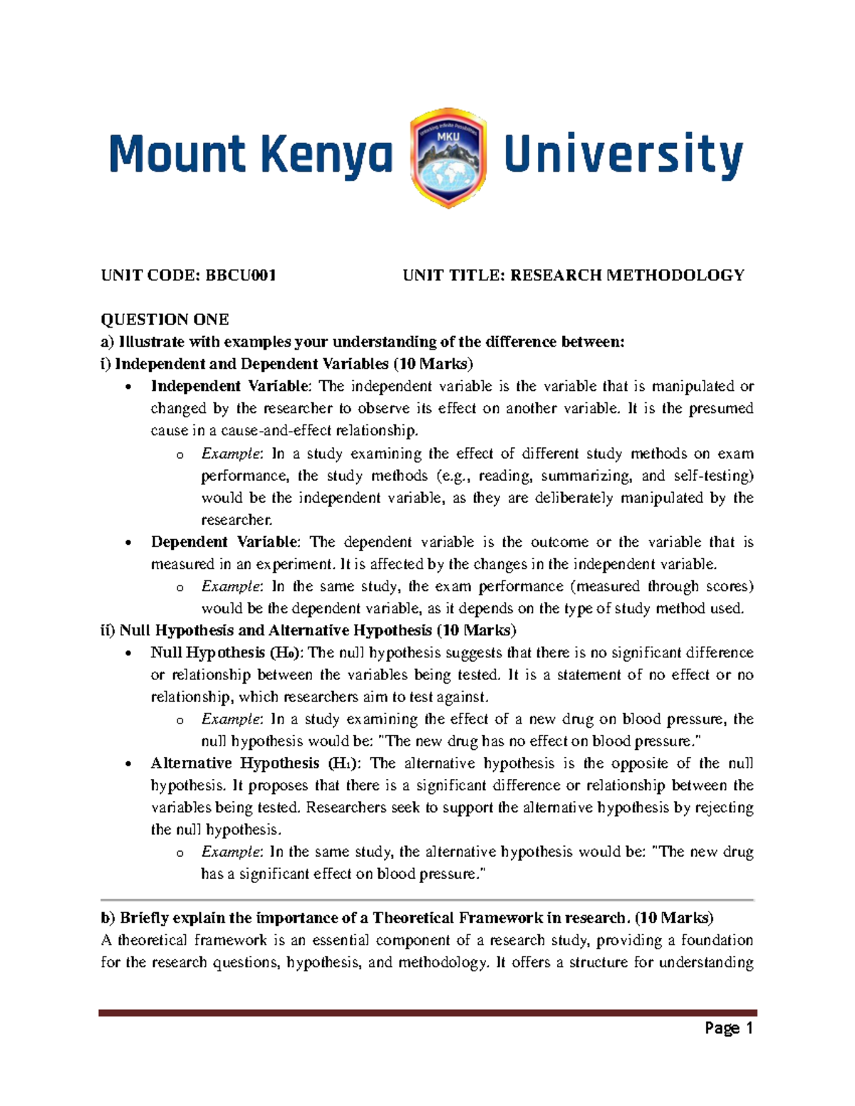 BBCU001 Research Methodology: Understanding Variables, Hypotheses, and ...