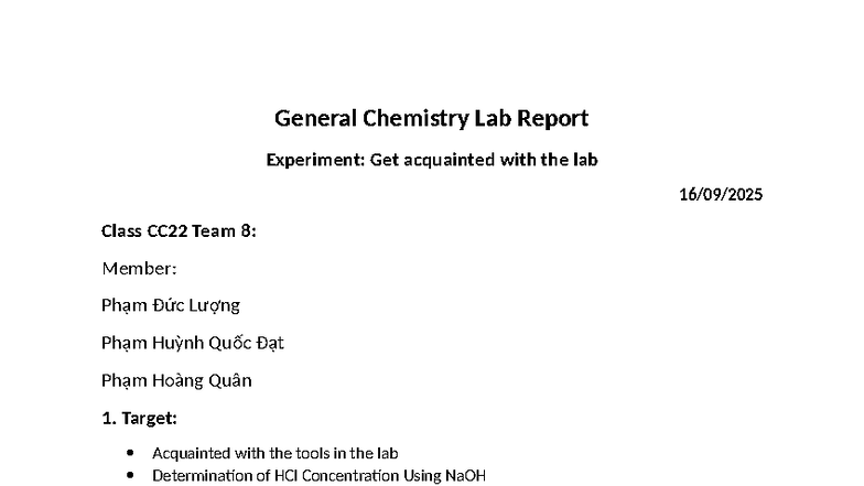 General Chemistry Lab Report: HCl Concentration Determination CC22 - Studocu