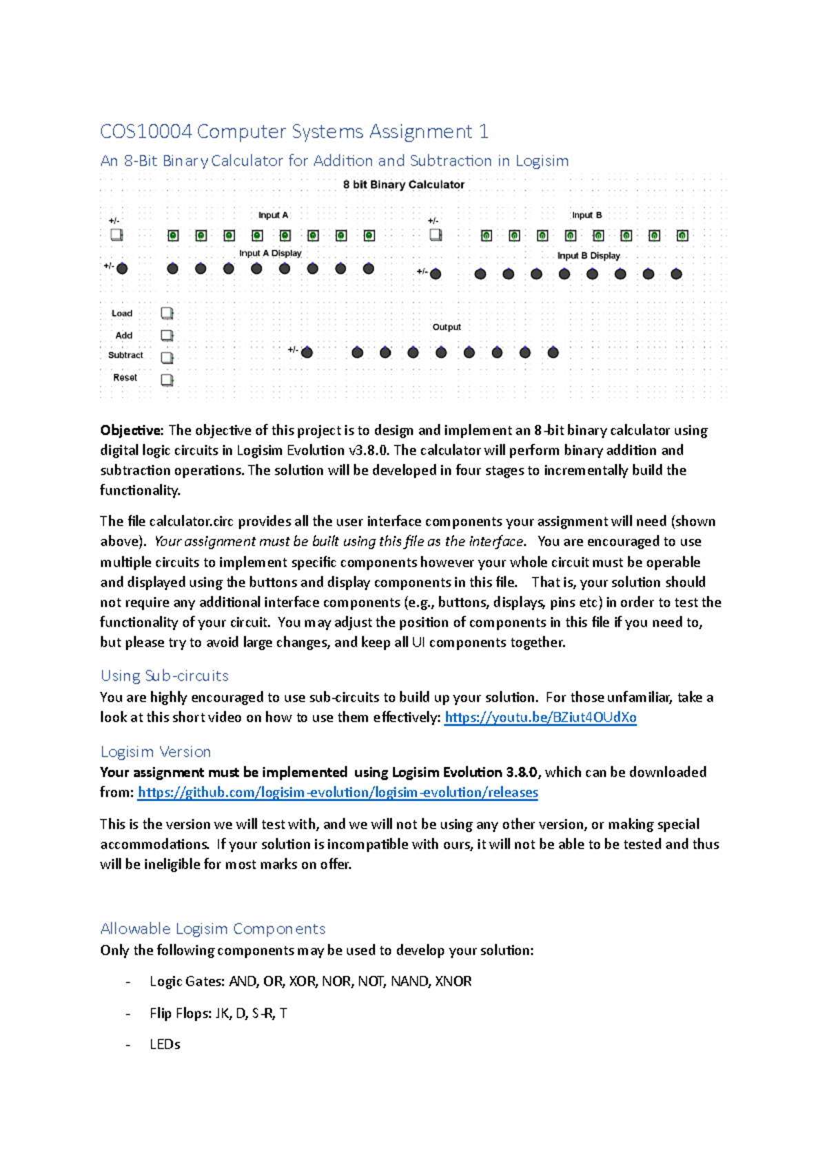 COS10004 Assignment 1: 8-Bit Binary Calculator in Logisim - Studocu