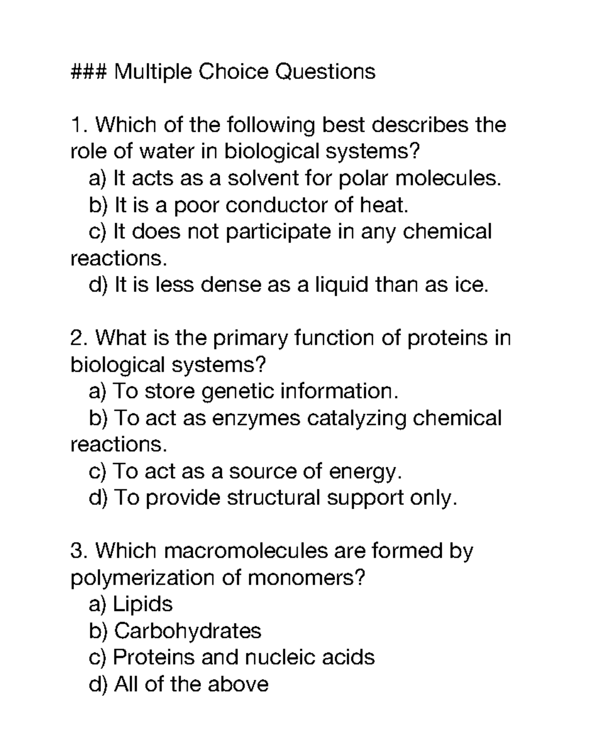 Midterm 1 Practice Questions: Biological Systems & Functions - Studocu