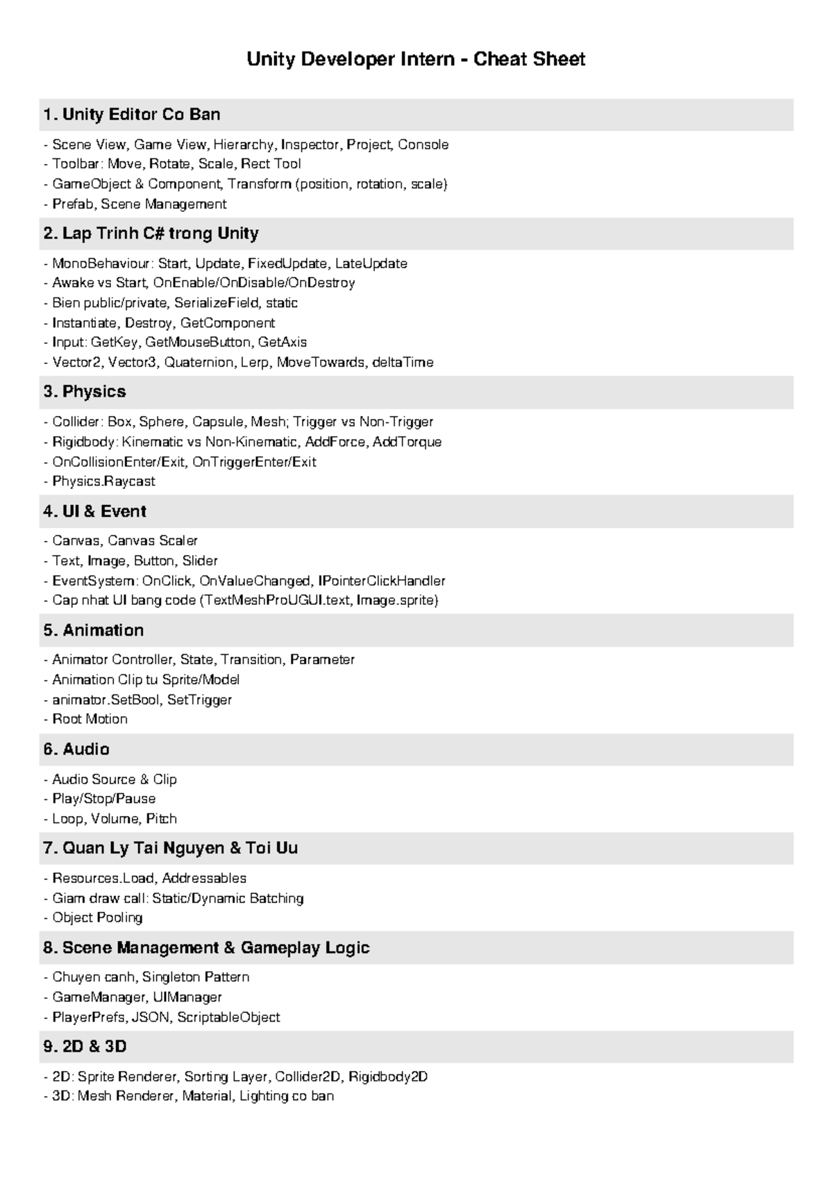 Unity Developer Intern Cheat Sheet: Essential Concepts & Tools - Studocu