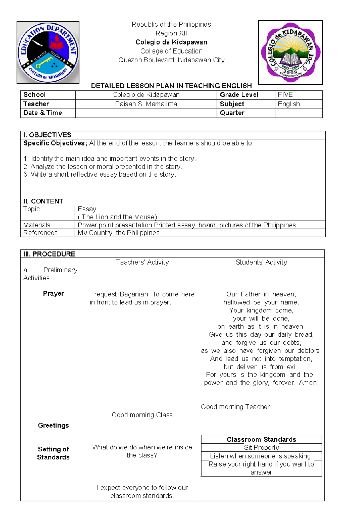 Detailed Lesson Plan: Teaching English - Essay LP CLAM Faustino - Studocu