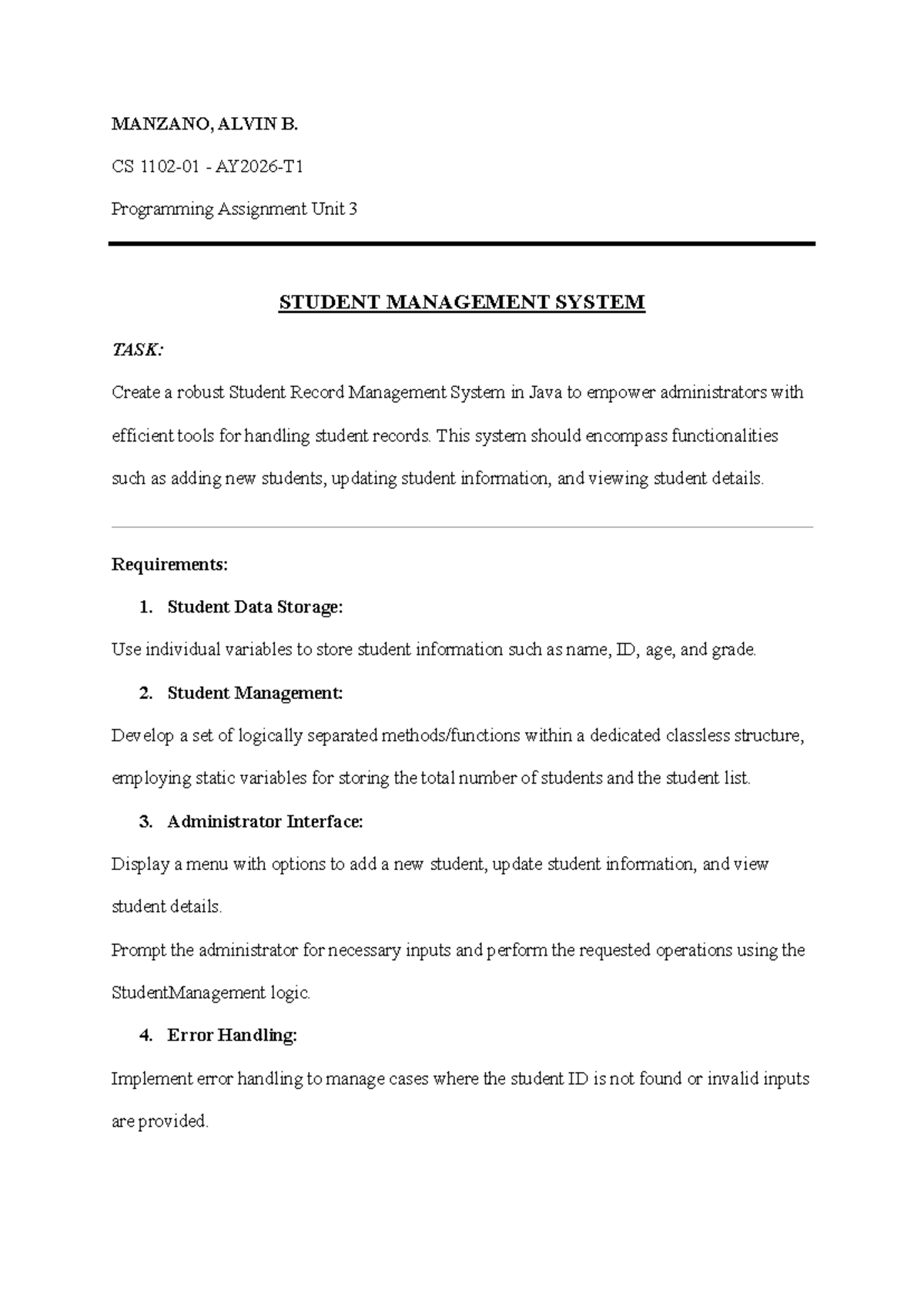 CS 1102-01 Programming Assignment Unit 3: Student Record Management System - Studocu