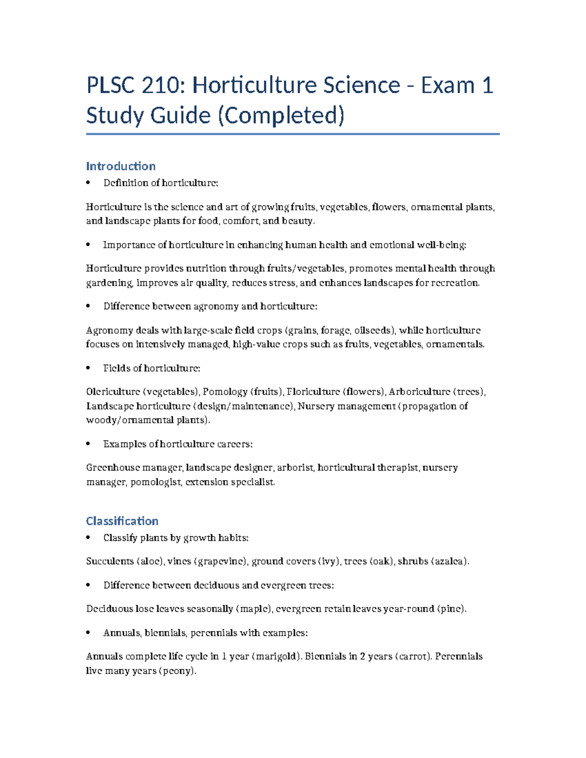 PLSC 210: Horticulture Science Exam 1 Comprehensive Study Guide - Studocu