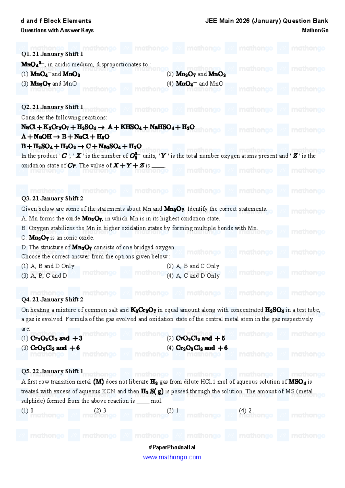 D and f Block Elements - JEE Main 2026 (January) Q Bank with Answers ...