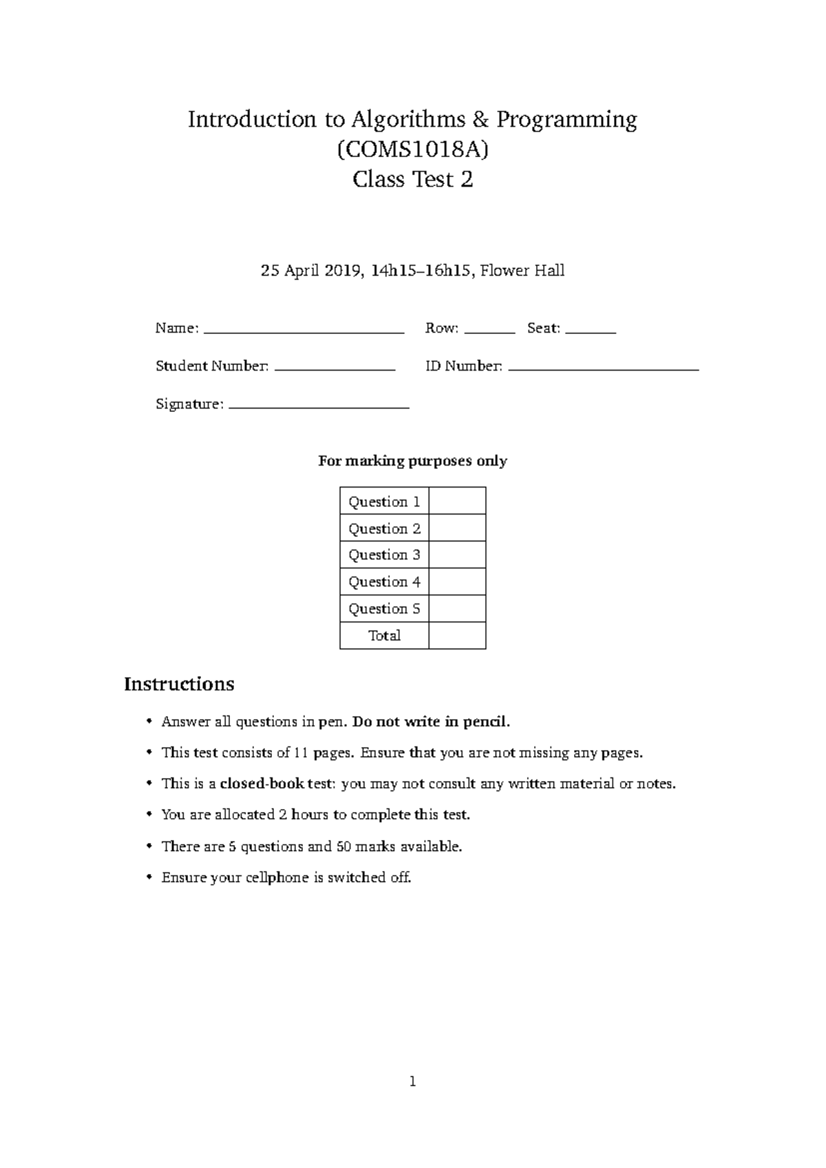 COMS1018A Introduction to Algorithms Programming Class Test 2 Memo 2019 ...