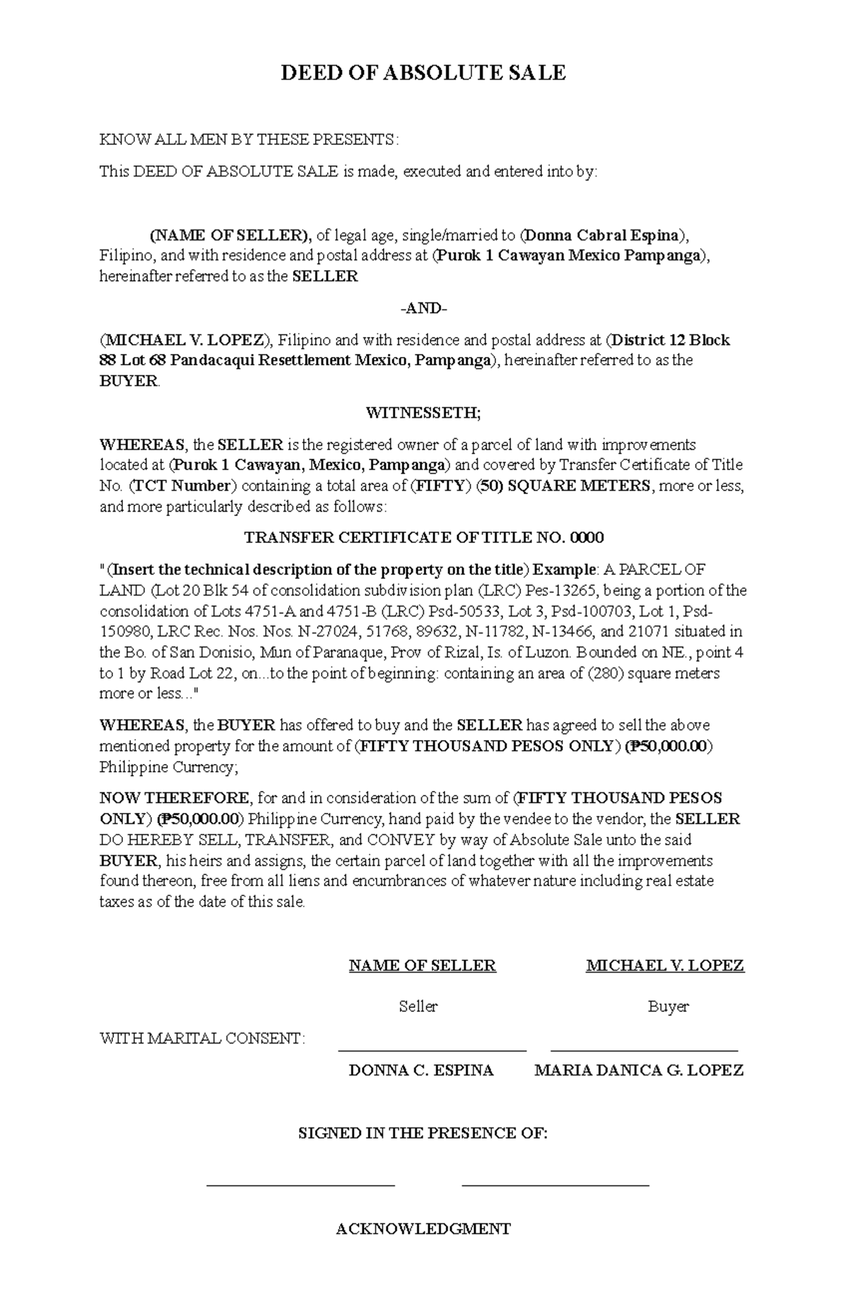 Deed of Absolute Sale - AWD: Property Transfer Agreement - Studocu