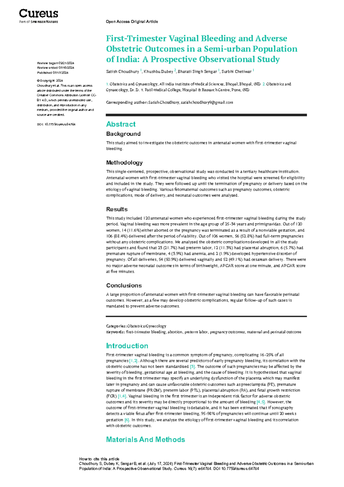 Vaginal Bleeding and Adverse Obstetric Outcomes: A Study in India (OBG ...