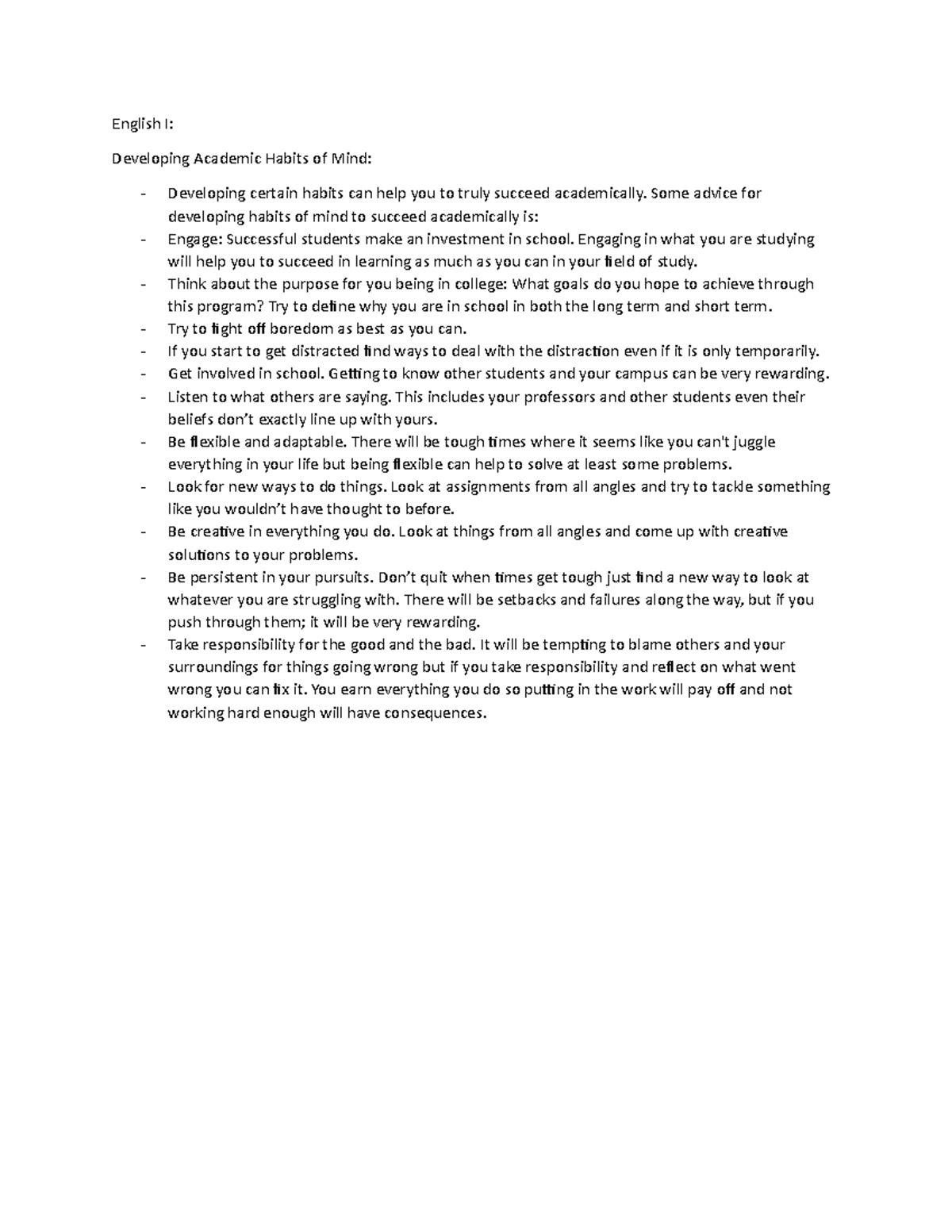 English I: Academic Habits of Mind for Student Success - Studocu
