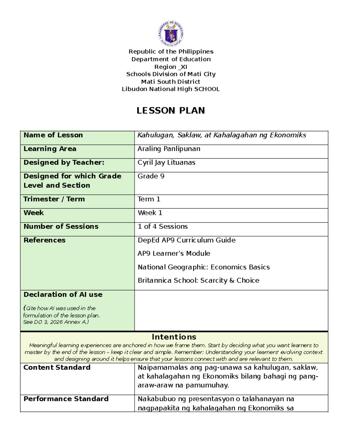 AP9 Lesson Plan: Kahulugan, Saklaw, at Kahalagahan ng Ekonomiks - Week ...