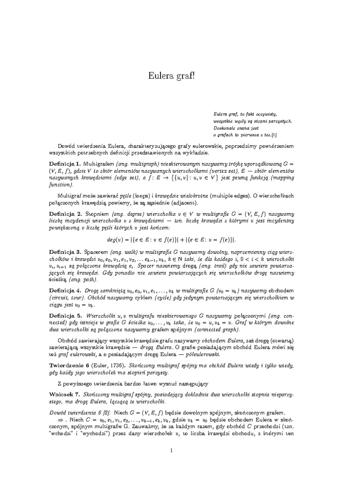 Twierdzenie Eulera z dowodem - Eulera graf! Eulera graf, to fakt ...