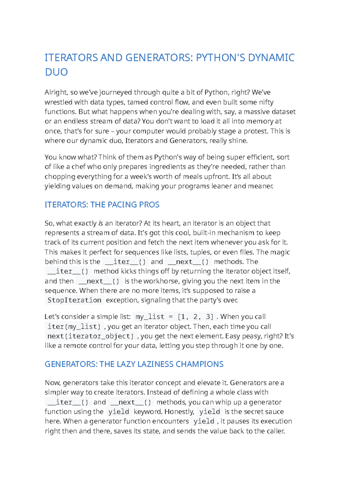 ITERATORS & GENERATORS IN PYTHON: EFFICIENT DATA HANDLING - Studocu