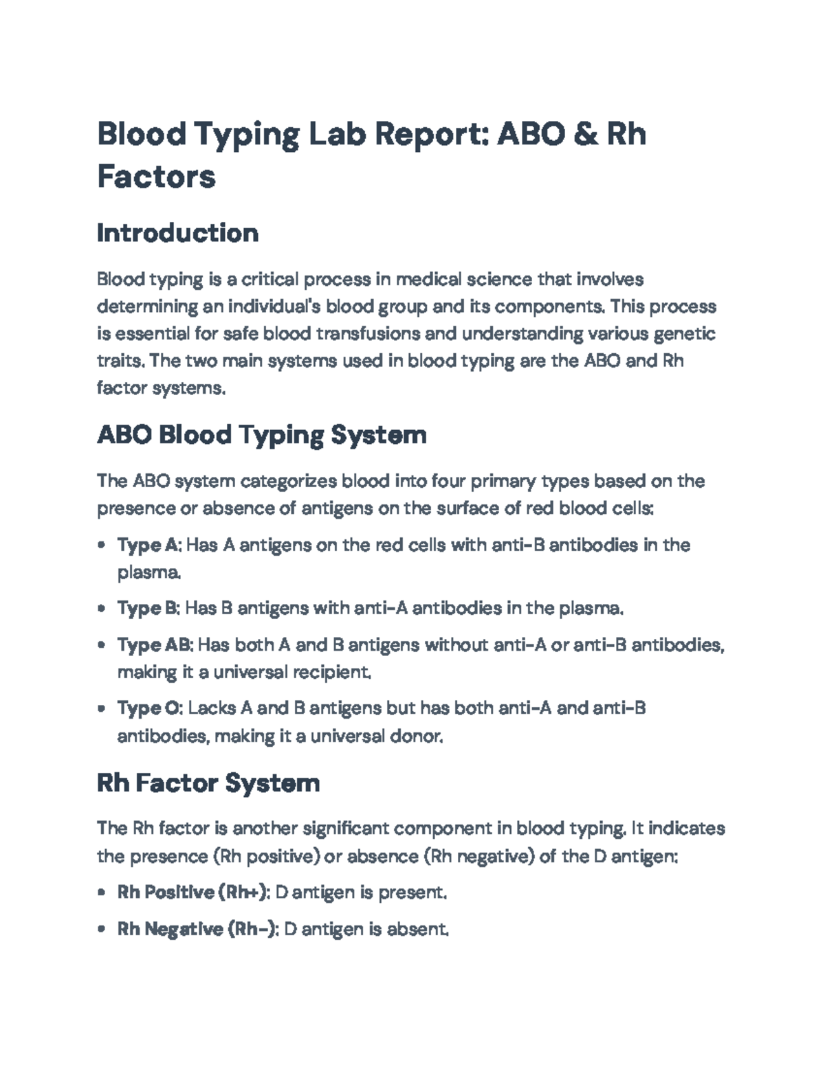 Blood Typing Lab Report: Analysis of ABO & Rh Factors - Blood Typing ...
