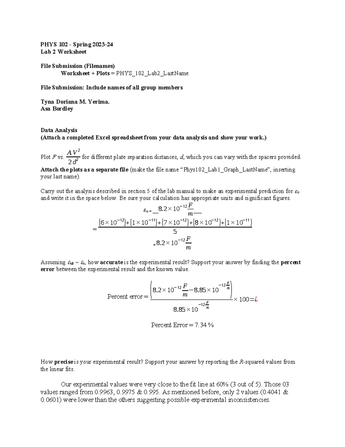 PHYS 102 Lab 2: Electrostatic Force Analysis Worksheet - Studocu