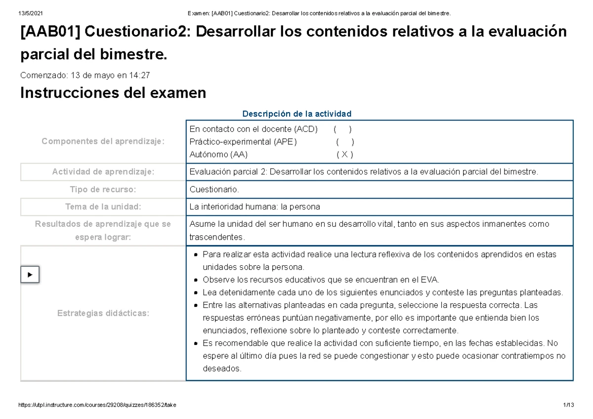 Examen [AAB02] Cuestionario Evaluación parcial Desarrollar los contenidos relativos a la ...
