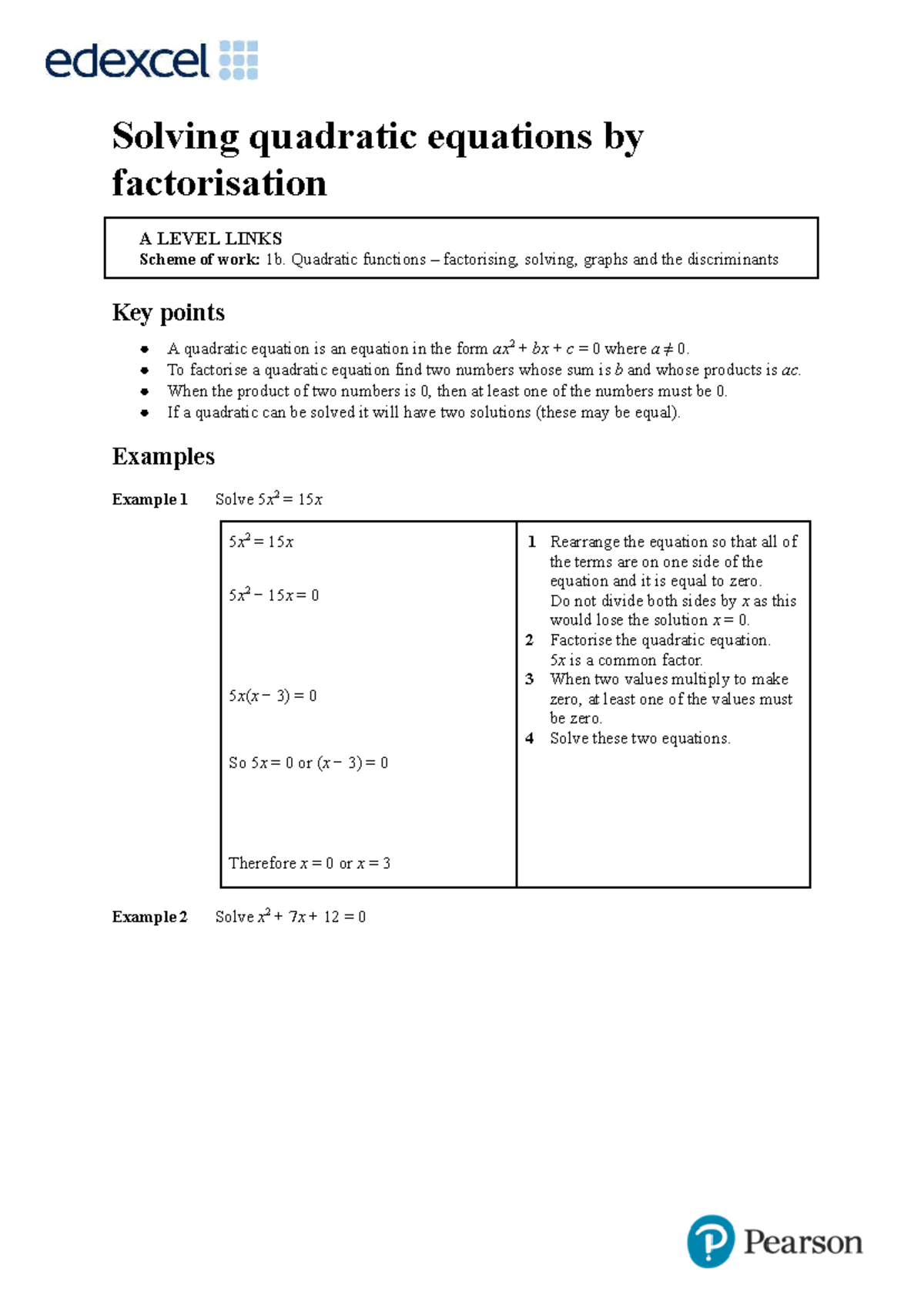 A LEVEL 1b: Solving Quadratic Equations - Factorisation & Methods - Studocu