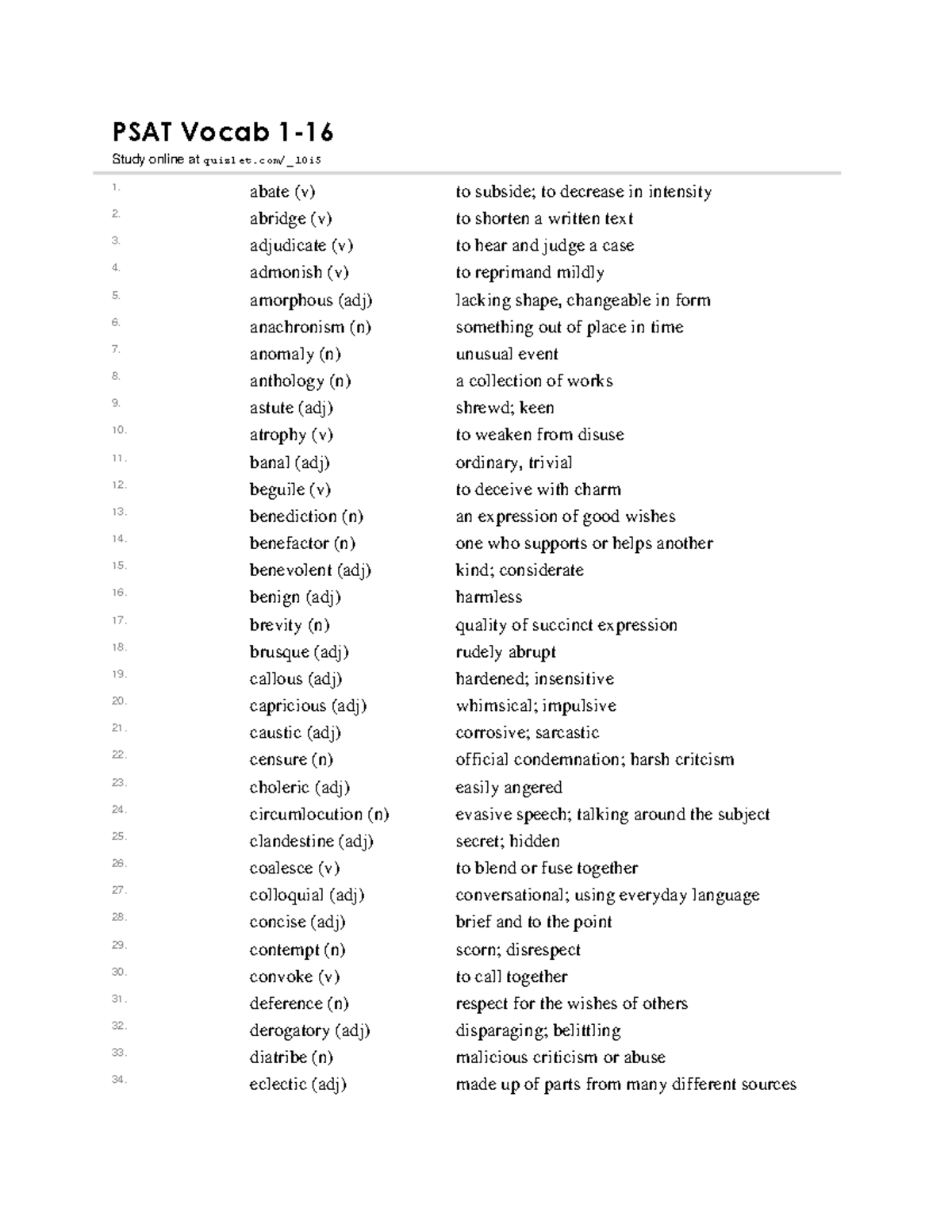 PSAT Vocab Study Guide 1: Key Terms and Definitions - Studocu