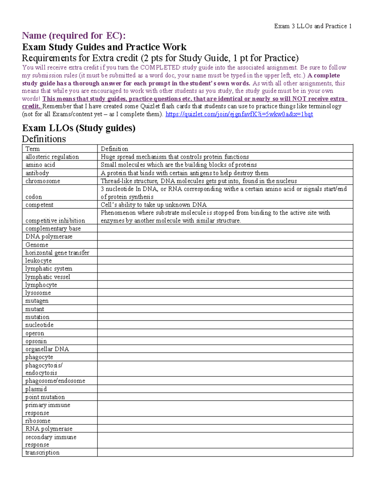 Exam 3 Study guide - Name (required for EC): Exam Study Guides and ...