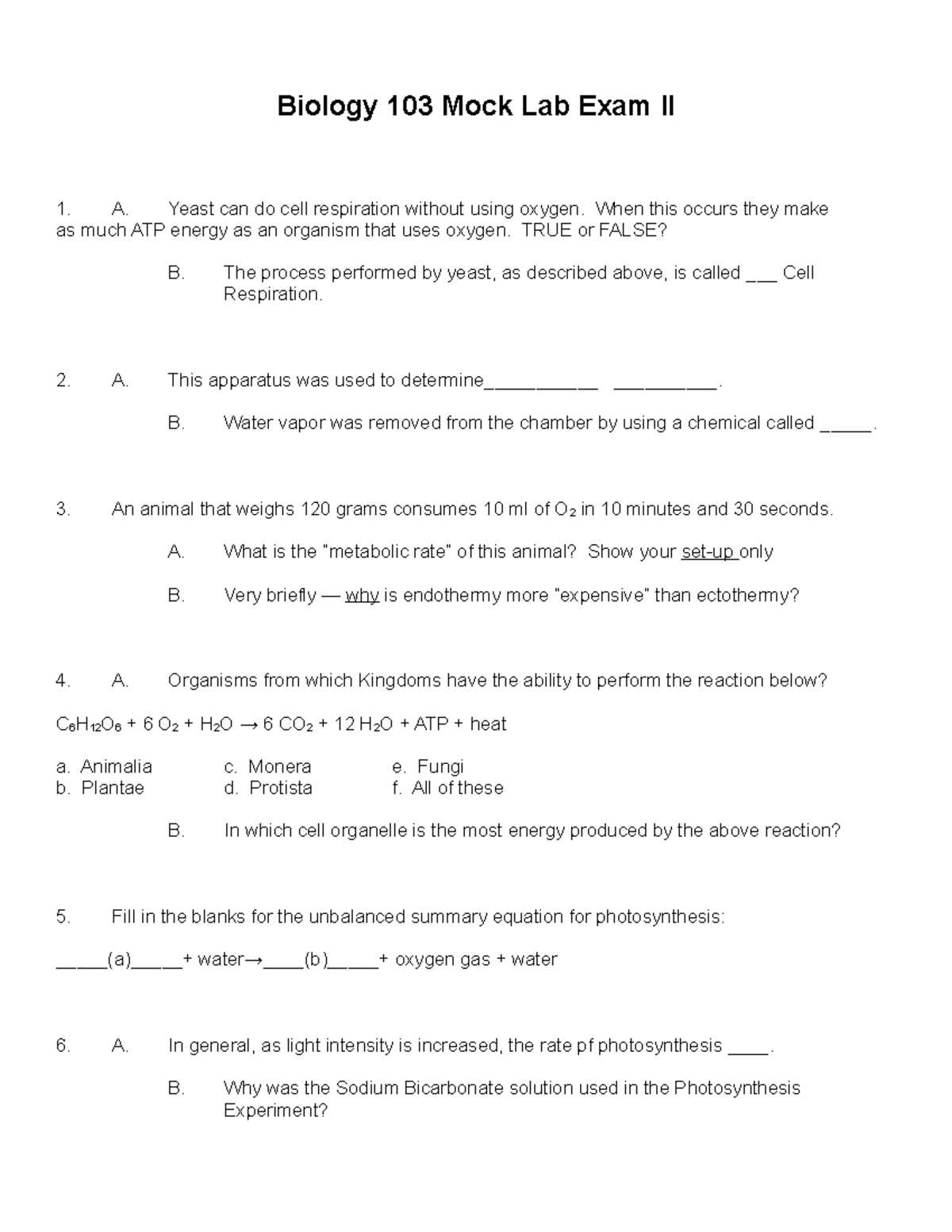 Biology 103 Mock Lab Exam II - Key Topics and Questions Reviewed - Studocu