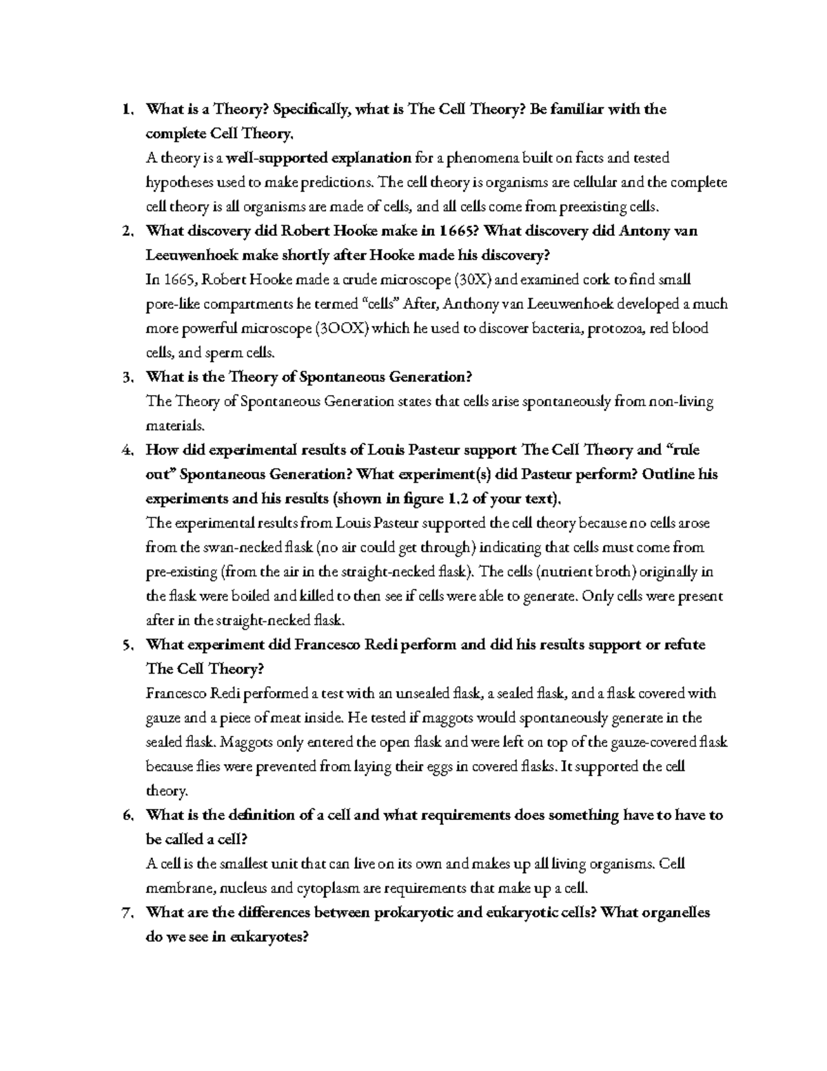 BIO 160 Exam 1 Study Guide: Key Concepts of Cell Theory and Structure ...