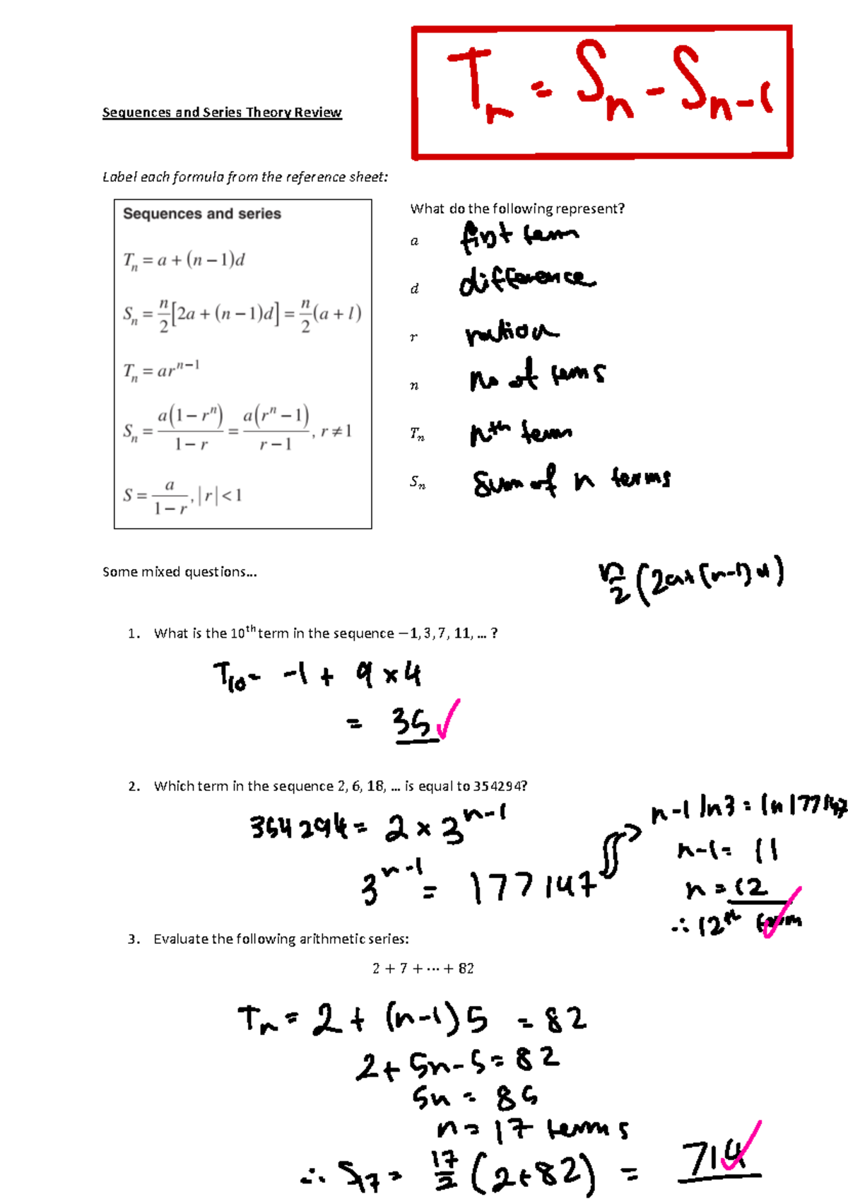 Seq And Series Revision - Sequences and Series Theory Review Label each ...