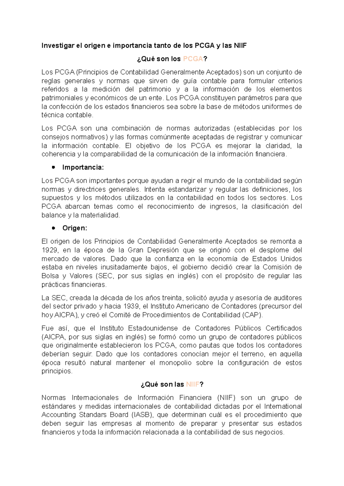 PCGA y NIIF: Origen e Importancia en la Contabilidad Financiera - Studocu