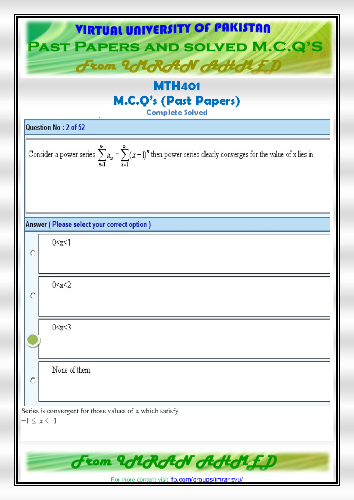 MTH401 Final Term MCQs with Solutions and Bessel Functions Insights ...