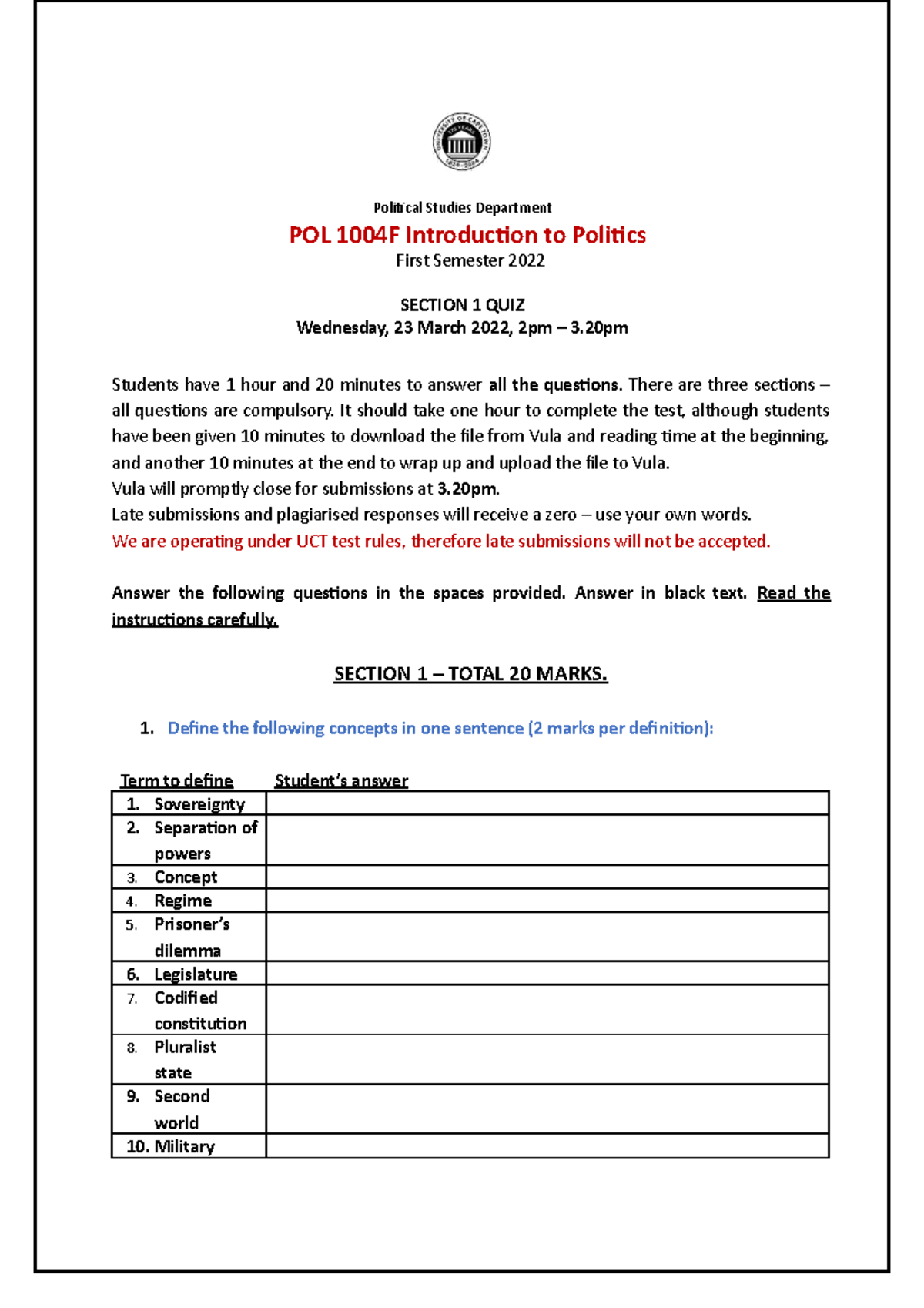 POL 1004F Test 1 - Introduction to Politics Quiz Overview 2022 - Studocu