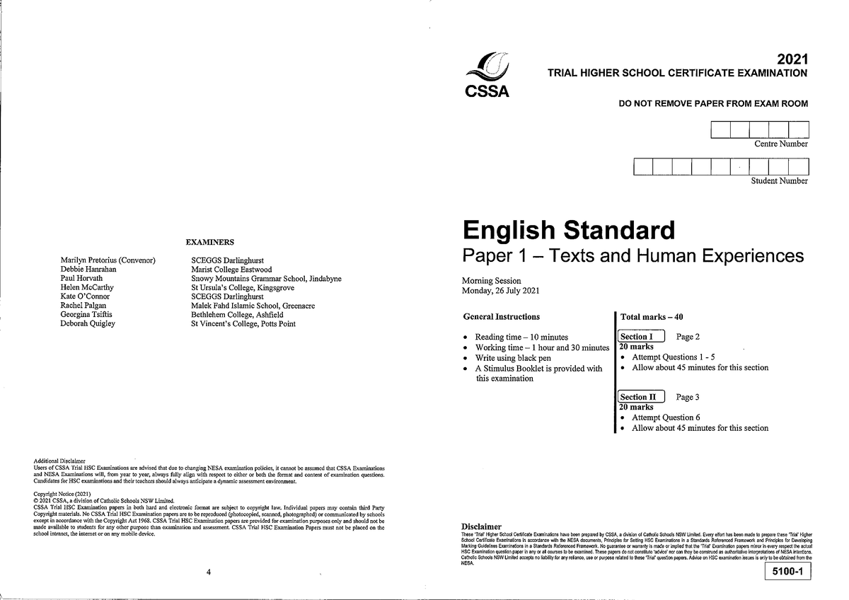 2021 CSSA Trial HSC Exam: English Standard Paper 1 - Texts & Human Experiences - Studocu