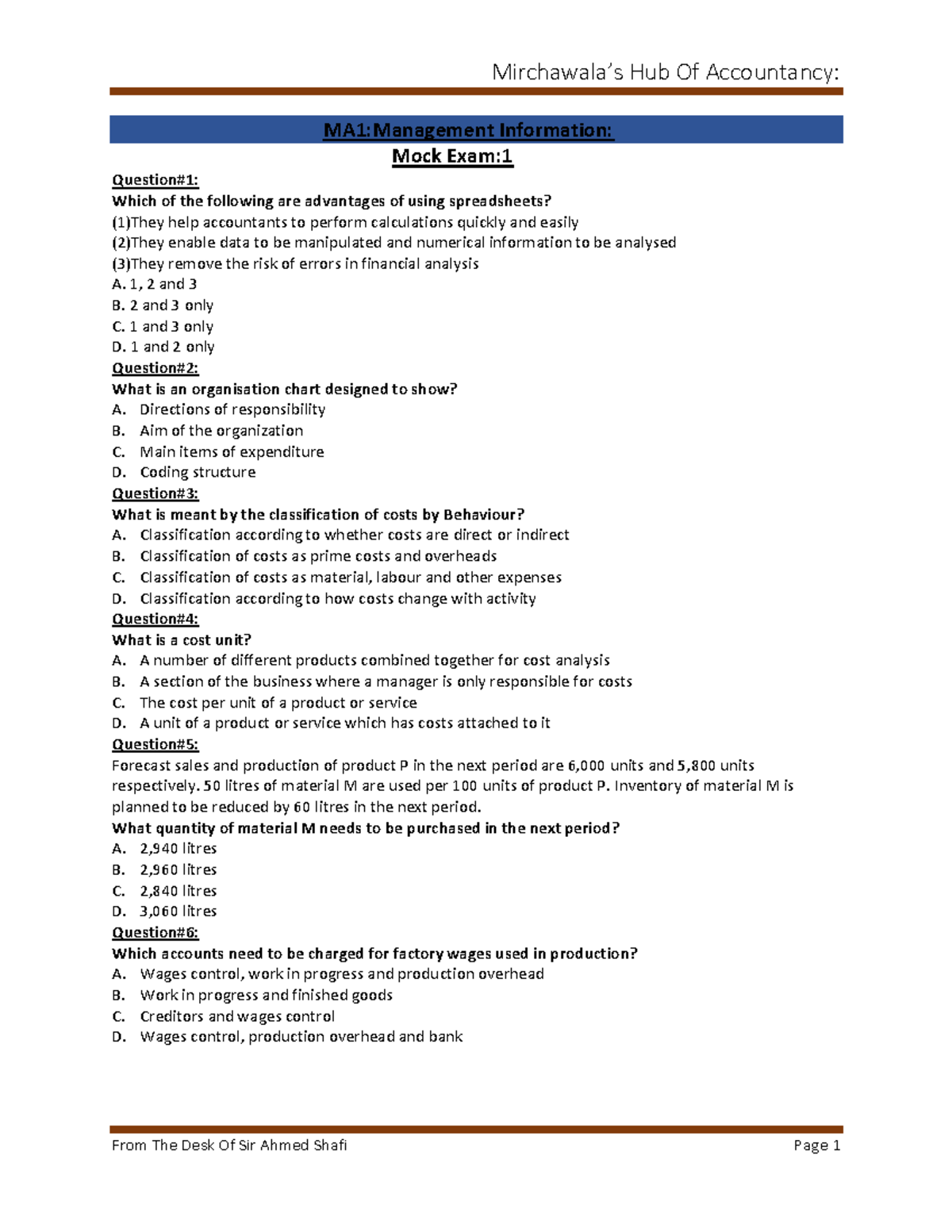 MA1 Mock Exam 1: MCQ Practice Questions for Management Info - Studocu
