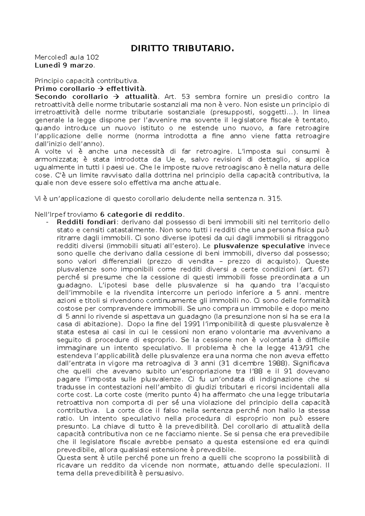 DIRITTO TRIBUTARIO - Lezioni Aula 102, 9 Marzo - Studocu
