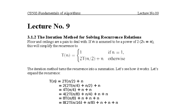 Algorithms Lecture No. 09: Iteration Method & Selection Problem Notes ...