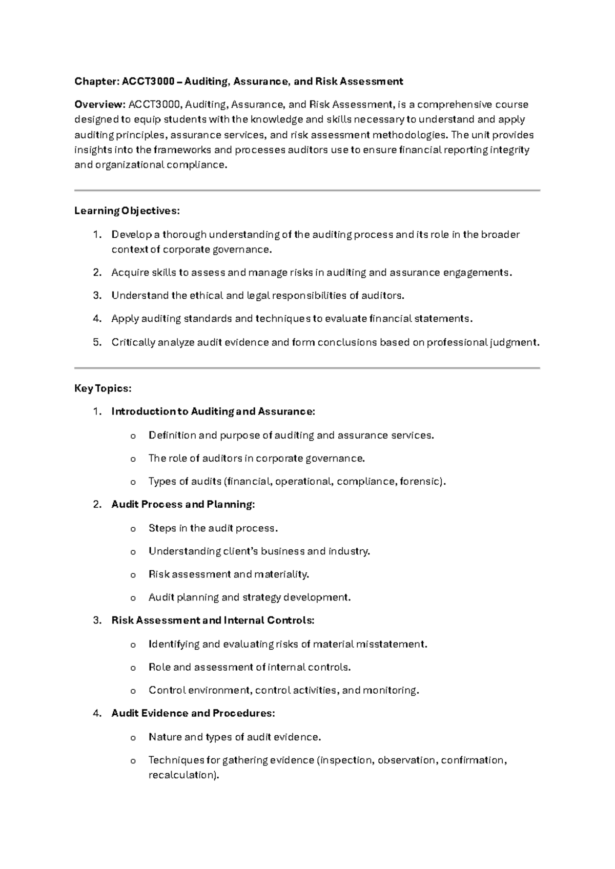 Acct 3000 - Comprehensive Guide to Auditing and Assurance Principles ...