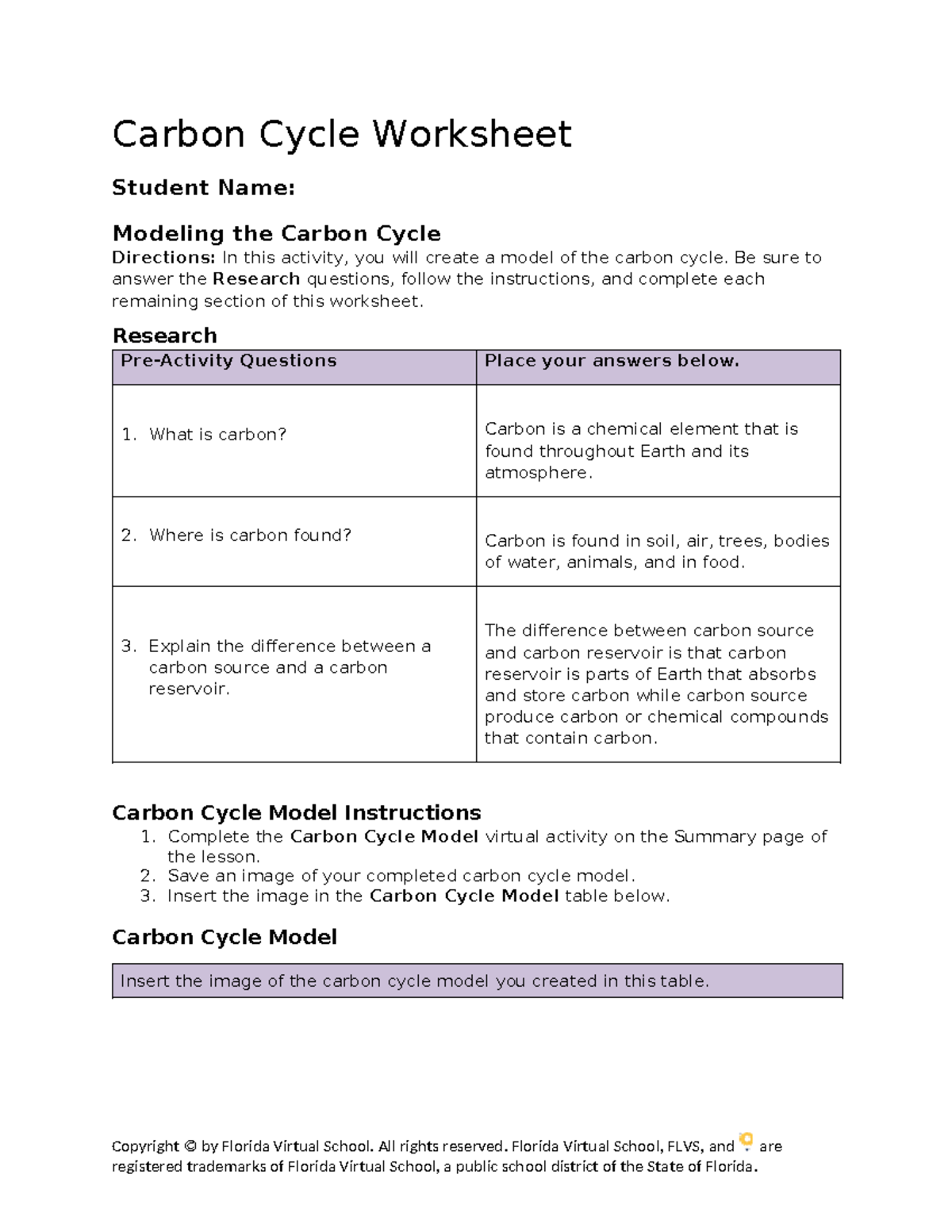 Carbon Cycle Worksheet Instructions & Analysis - Honestie Mcknight ...