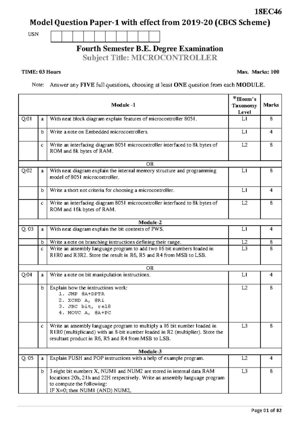 18EC46 Microcontroller Model Questions for 4th Sem B.E. Exam - Studocu