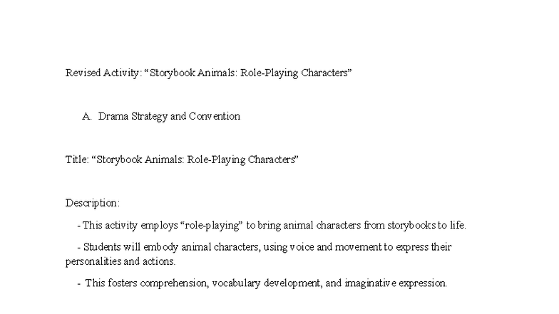 Revised Activity: Animals - Drama Strategy & Convention Guide - Studocu