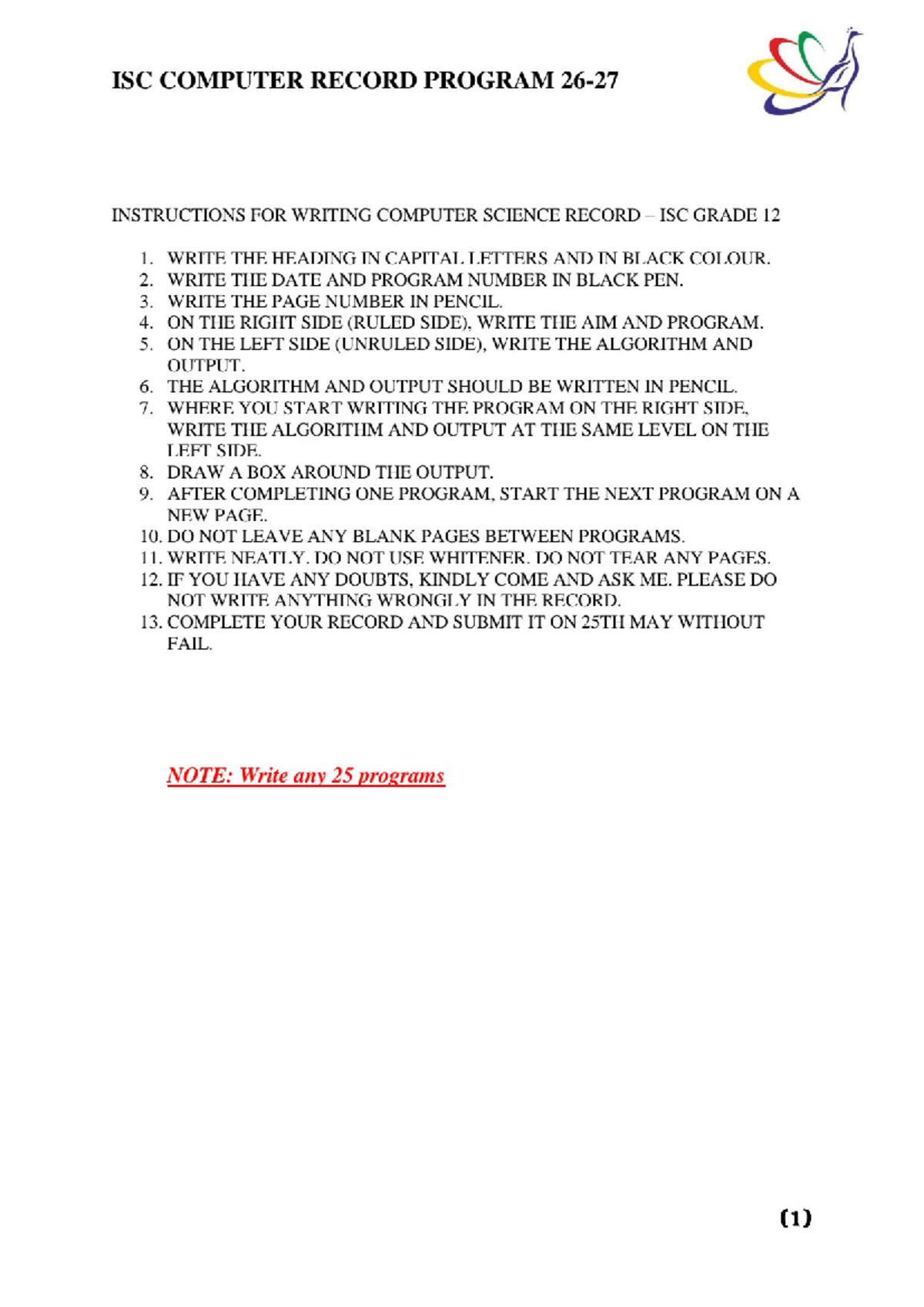 ISC Grade 12 Computer Science Record Writing Instructions - Studocu