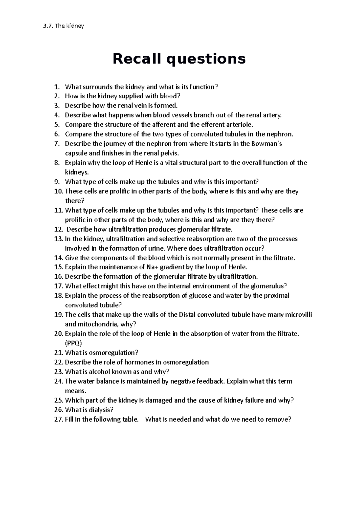 3.7 The kidney recall questions - The kidney Recall questions What ...
