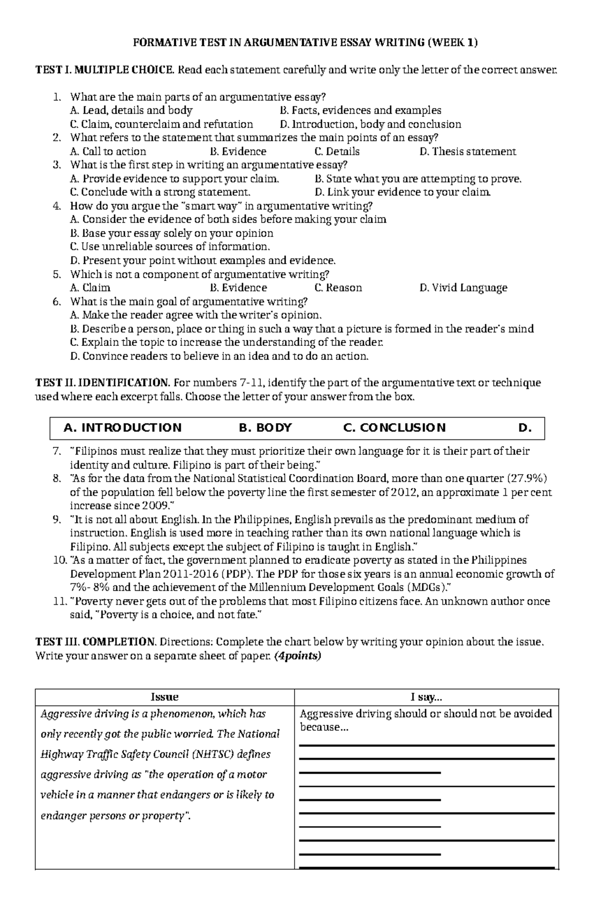 FORMATIVE TEST IN ARGUMENTATIVE ESSAY WRITING (WEEK 1) - Studocu
