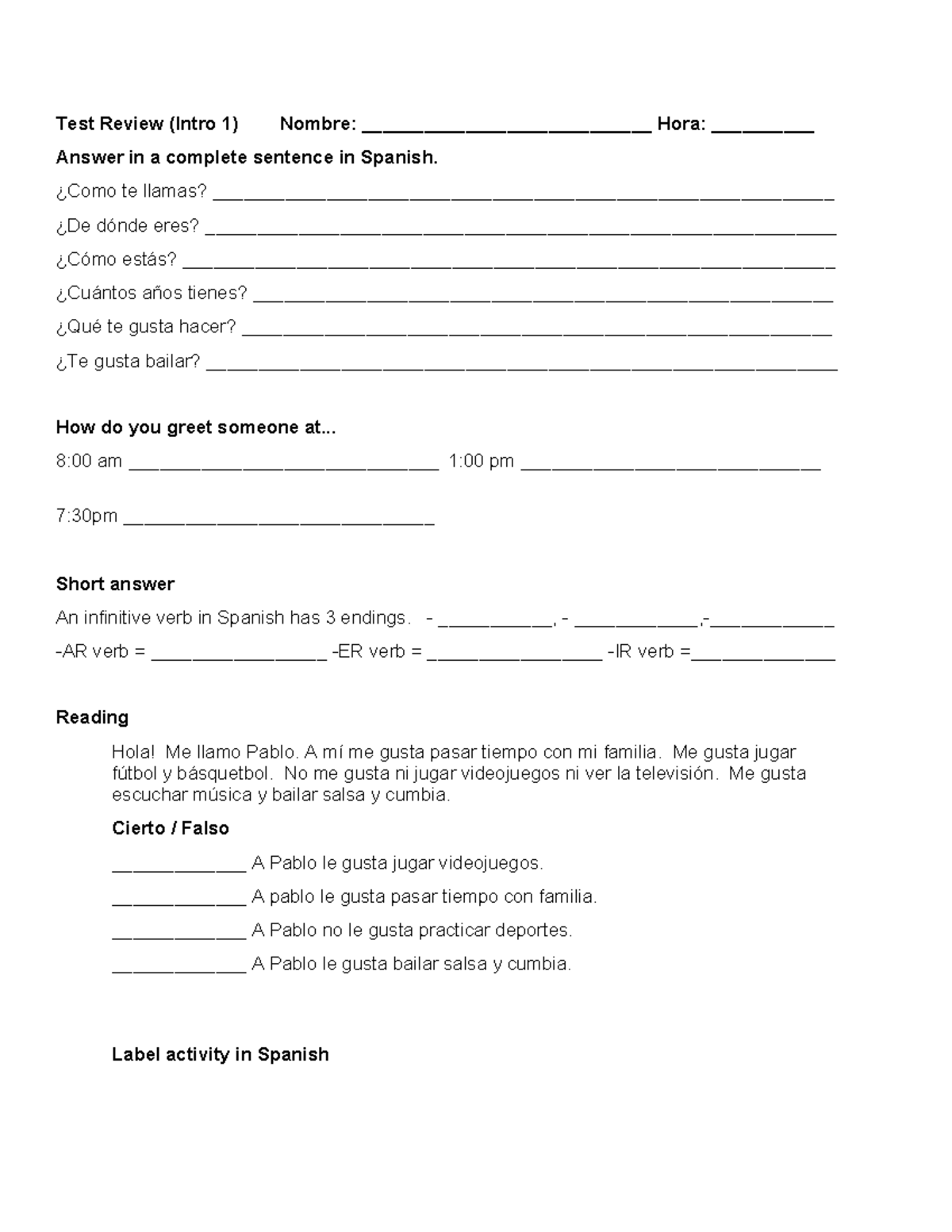 Test Review (Intro 1) - Spanish Language Basics - Studocu