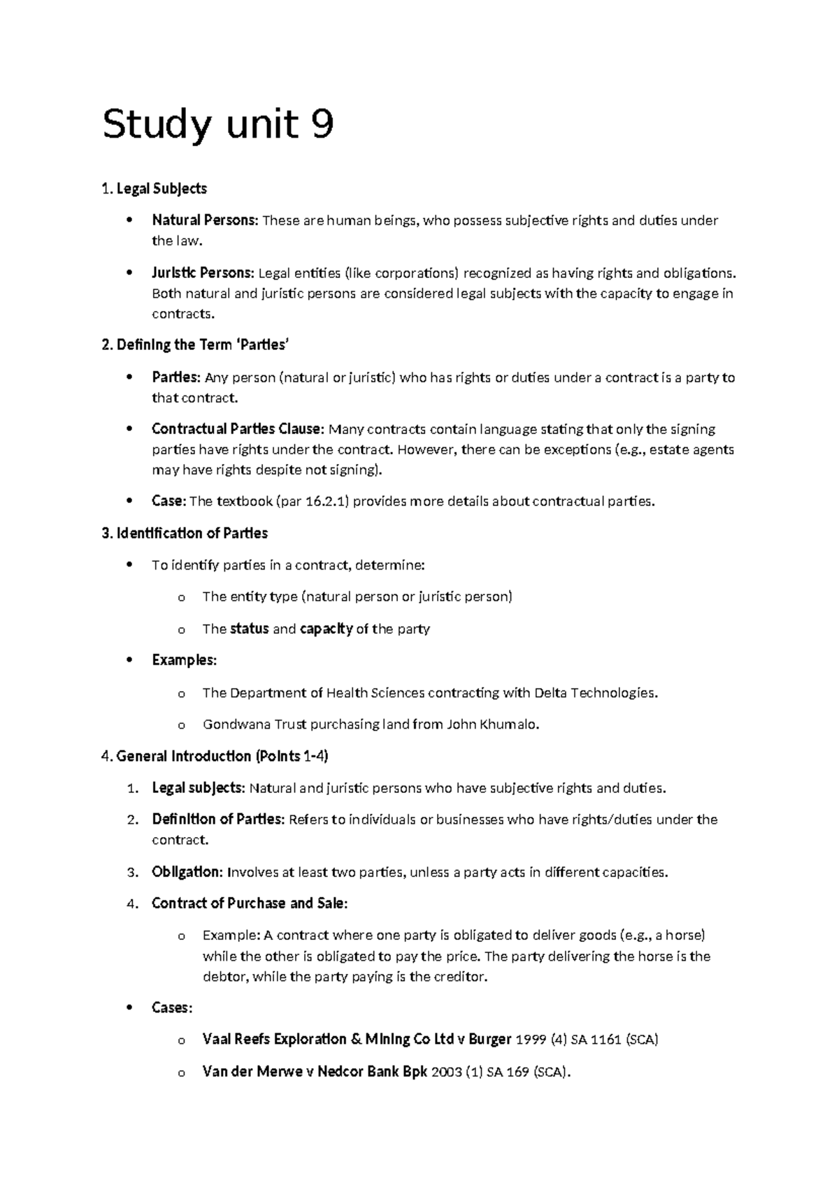 Study Unit 9-10: Legal Subjects & Contractual Obligations (IURI 373 ...