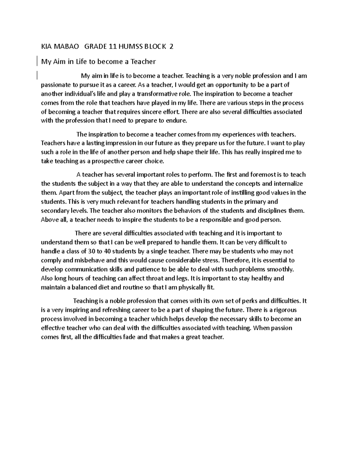 Grade 11 Essay: My Ambition to Become a Teacher or Police Officer - Studocu