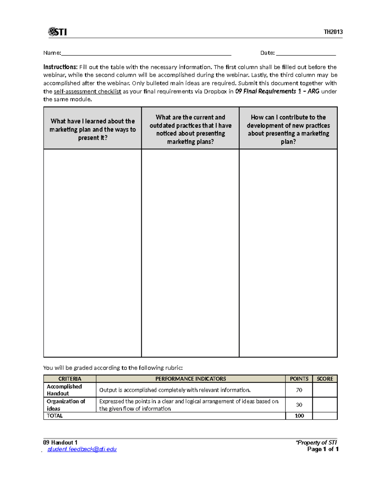 09 Handout 1(8)-converted - TH Name: Date: Instructions: Fill out the ...