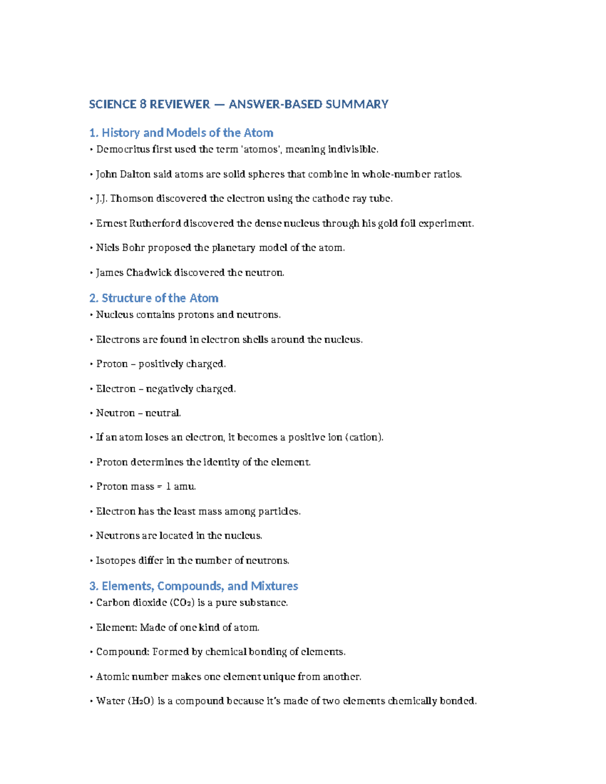 SCIENCE 8 REVIEWER: Summary of Atomic Structure and Periodic Table ...
