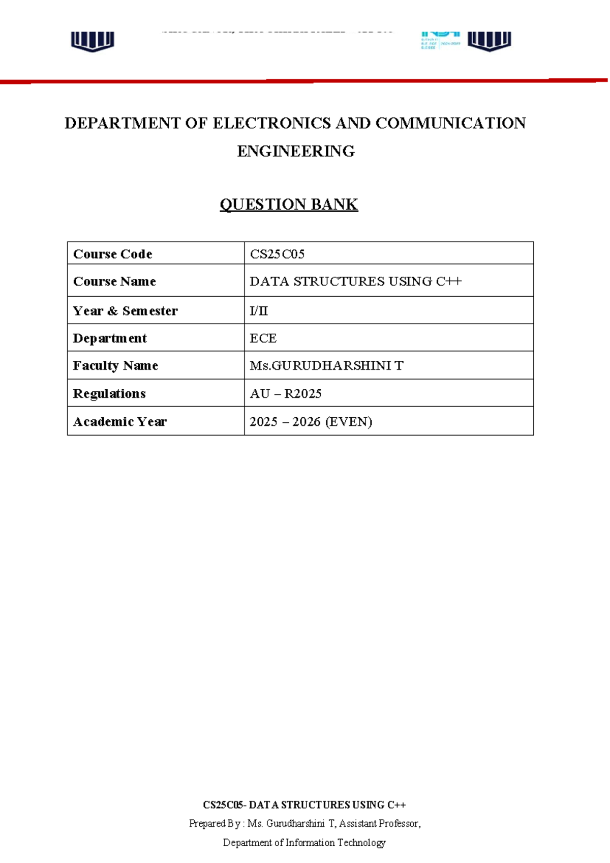CS25C05 Data Structures Using - Question Bank for ECE 2025-2026 - Studocu