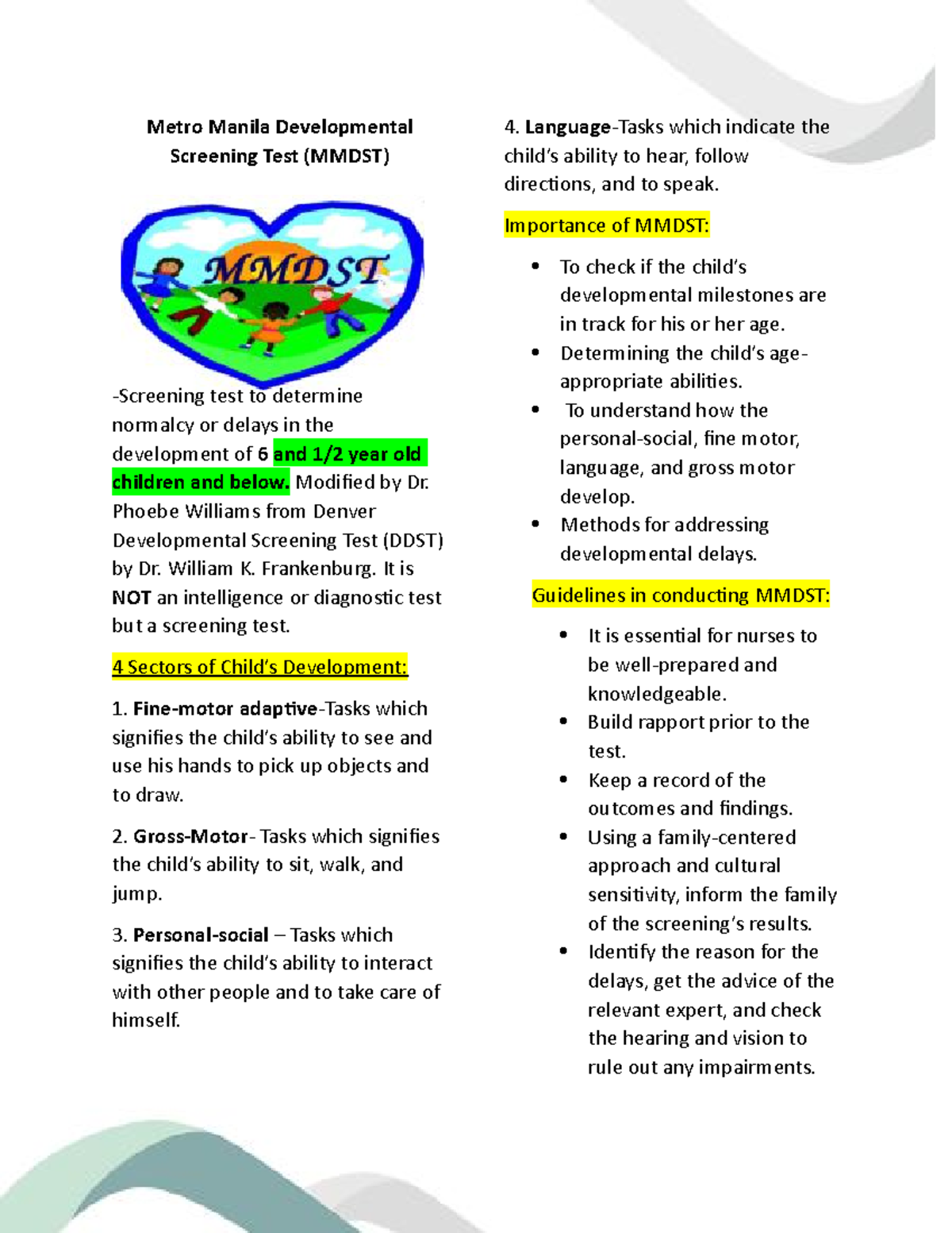 Metro Manila Developmental Screening Test (MMDST) Overview and ...