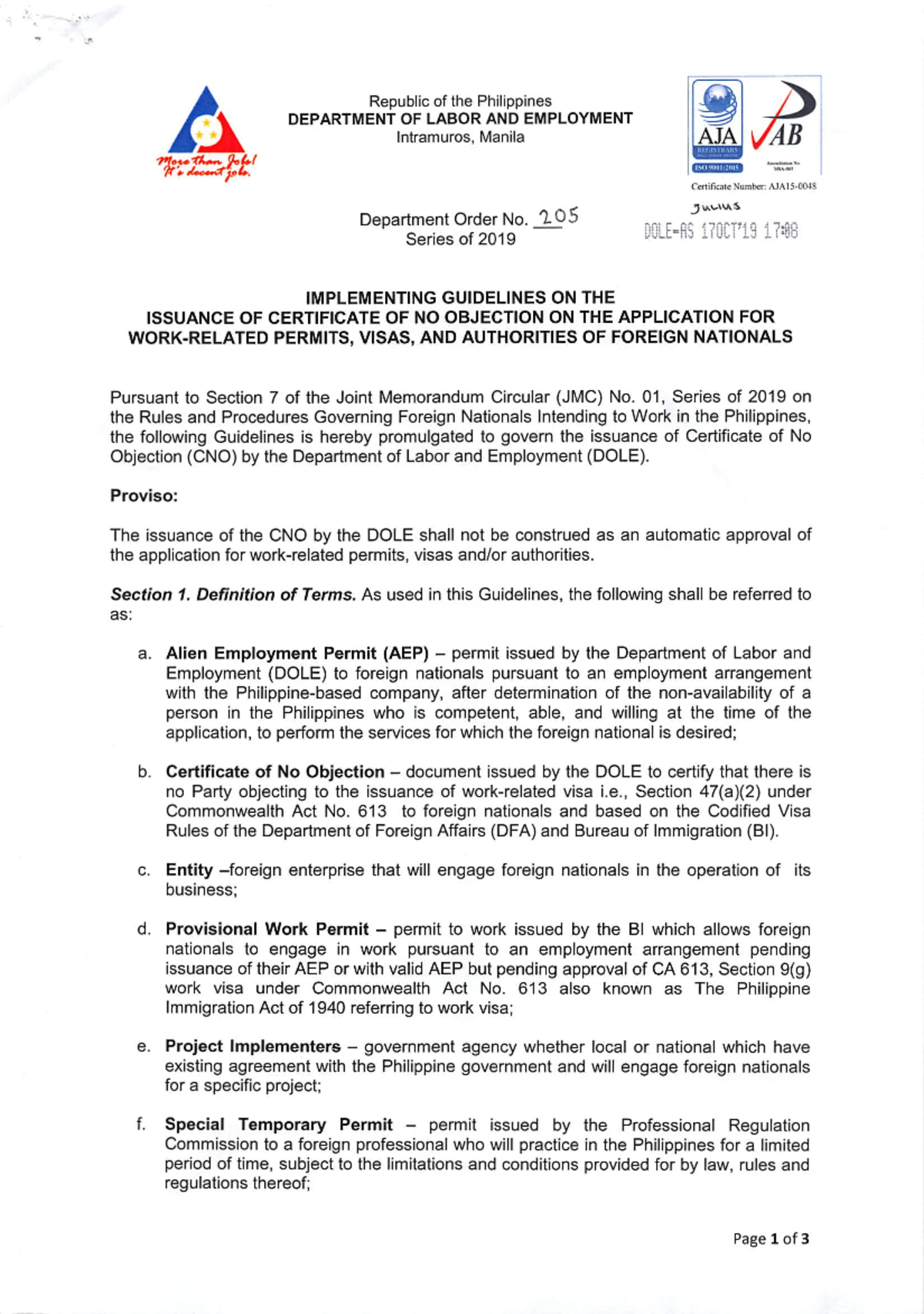DO 205 19 Implementing Guidelines on the Issuance of Certificate of No Objections on the ...