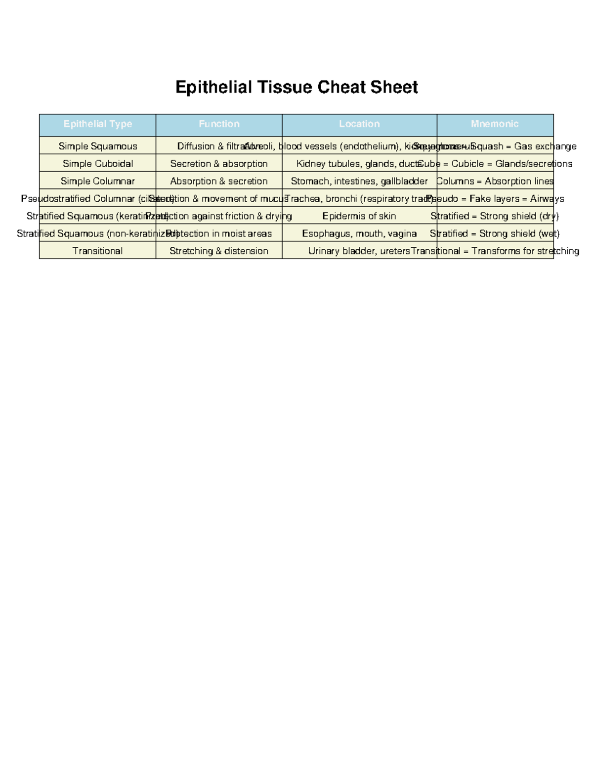 Epithelial Tissue Cheat Sheet - Epithelial Tissue Cheat Sheet ...