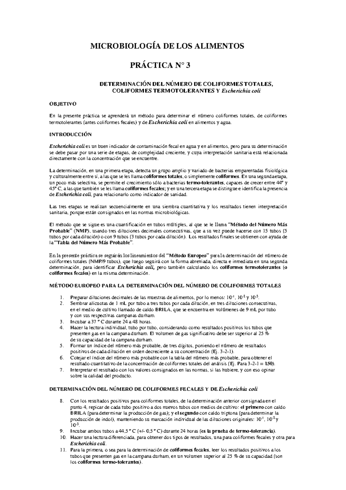 Práctica N° 3: Determinación de Coliformes y Escherichia coli en ...