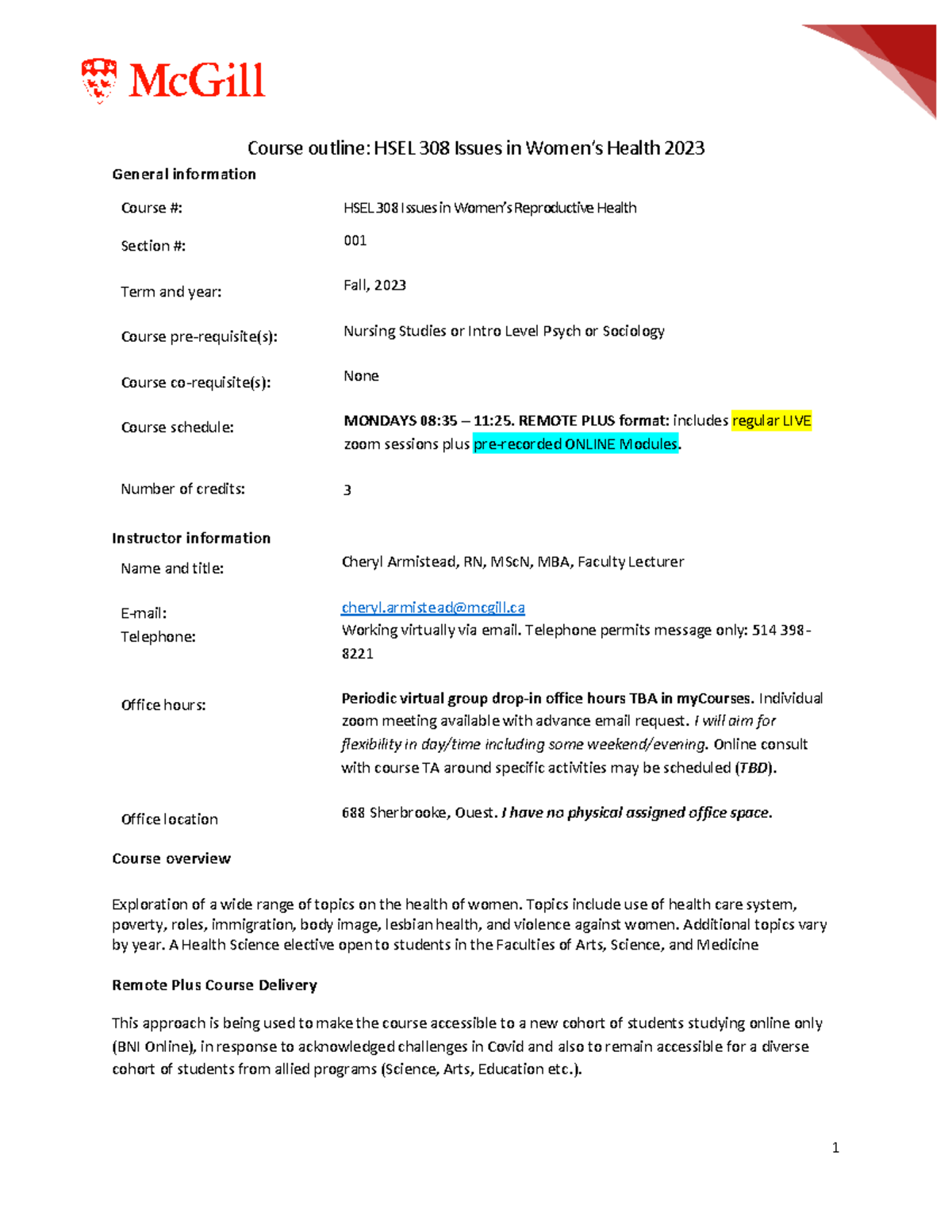 HSEL 308 Course Outline: Women's Health Issues, Fall 2023 - Studocu